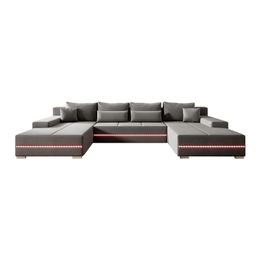 Juskys Sofa Malbun - Bequemes Wohnlandschaft mit Schlaffunktion, Bettkasten, Samt & LED - Hellgrau