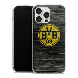 DeinDesign iPhone 15 Pro Max Handy Silikon H&uuml;lle Case transparent Handyh&uuml;lle Wooden Look Bvb Borussia Dortmund Silikon Case