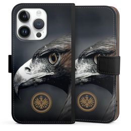 DeinDesign iPhone 14 Pro Handy Klapph&uuml;lle Handyh&uuml;lle aus Kunst Leder schwarz Flip Case Eintracht Frankfurt Eagle Official Licensed Product Sideflip mit langer 