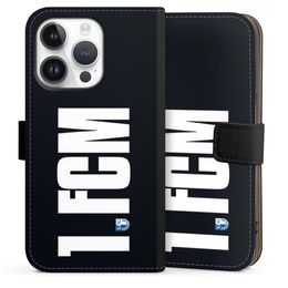 DeinDesign iPhone 14 Pro Handy Klapph&uuml;lle Handyh&uuml;lle aus Kunst Leder schwarz Flip Case 1. Fcm 1. Fc Magdeburg Official Licensed Product Sideflip mit langer 