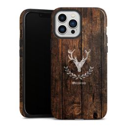 DeinDesign iPhone 13 Pro Max Handy Panzer Handyh&uuml;lle robuste Outdoor H&uuml;lle Schutzh&uuml;lle gl&auml;nzend Wooden Look Deer Wood Tough Case