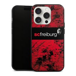 DeinDesign iPhone 15 Pro Handy Slim Case extra d&uuml;nn Silikon Handyh&uuml;lle schwarz H&uuml;lle Official Licensed Product Sc Freiburg Logo Silikon Slim Case