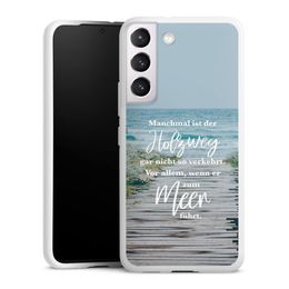 DeinDesign Galaxy S22 Handy Silikon H&uuml;lle Case wei&szlig; Handyh&uuml;lle Statement Beach Spruch Silikon Case