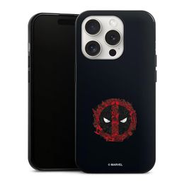 DeinDesign iPhone 15 Pro Handy Slim Case extra d&uuml;nn Silikon Handyh&uuml;lle schwarz H&uuml;lle Logo Marvel Deadpool Silikon Slim Case