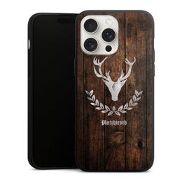 DeinDesign iPhone 15 Pro Max Handy Premium Silikon H&uuml;lle Handyh&uuml;lle schwarz Case Wooden Look Deer Wood Silikon Premium Case