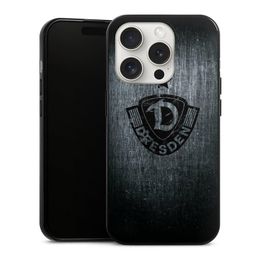 DeinDesign iPhone 15 Pro Handy Slim Case extra d&uuml;nn Silikon Handyh&uuml;lle schwarz H&uuml;lle Sg Dynamo Dresden Official Licensed Product Vintage Silikon Slim Case