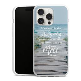 DeinDesign iPhone 15 Pro Handy Silikon H&uuml;lle Case wei&szlig; Handyh&uuml;lle Statement Beach Spruch Silikon Case