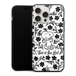 DeinDesign iPhone 15 Pro Max Handy Premium Silikon H&uuml;lle Handyh&uuml;lle schwarz Case Peanuts Flowers Snoopy Silikon Premium Case