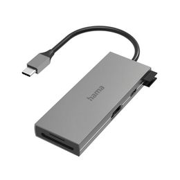 Hama USB-C Multiport Hub Laptop mit 6 Ports, USB-A, USB-C, HDMI, SD microSD USB-Adapter USB-C zu HDMI, SD-Card, USB Typ A, USB Typ C, 15 cm, Laptop Dockingstation, kompakt, robustes Gehäuse, silberfarben, grau