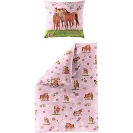 Kinderbettwäsche Pferde, Pferdefreunde, Renforcé, 2 teilig, Renforce, 100 % Baumwolle, Pferdefreunde, pflegeleicht, rosa