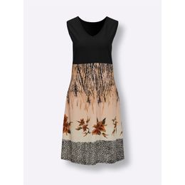WITT Damen Sommerkleid mit V-Ausschnitt, bedruckt, schwarz-beige, Gr&ouml;&szlig;e 44