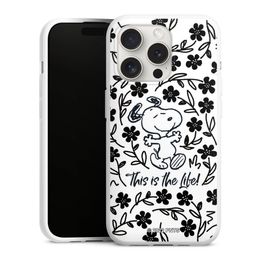 DeinDesign iPhone 15 Pro Handy Silikon H&uuml;lle Case wei&szlig; Handyh&uuml;lle Peanuts Flowers Snoopy Silikon Case