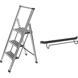 Wenko Trittleiter, 3-stufig, inkl. Leiternhalter, XXL-Stufen, flach klappbar, Aluminium, schwarz|silberfarben