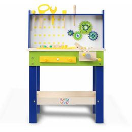 Spielwerkbank / Werkbank für Kinder aus Holz - Luigi mit drehbaren Zahnrädern und 29 Teilen Zubehör - BABY VIVO