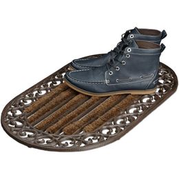 Relaxdays 1 x Fußabtreter Gusseisen mit Bürsten, oval, Fußabstreifer im Jugendstil, robustes Metall, HBT: 4 x 73 x 42 cm, bronze