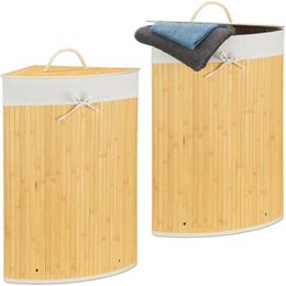 Relaxdays 2 x Eckwäschekorb Bambus, faltbare Wäschebox 60 Liter, platzsparend, Wäschesack Baumwolle, 65 x 49,5 x 37 cm, creme