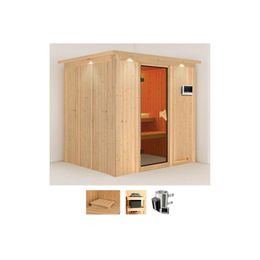 Karibu Sauna Dima, BxTxH: 210 x 184 x 202 cm, 68 mm, (Set) 3,6-kW-Plug & Play Ofen mit externer Steuerung, beige