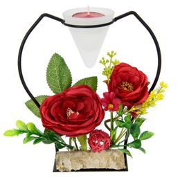 I.GE.A. Teelichthalter Rose, Metall Glaseinsatz Teelichtkerze Kunstblumen Kerzenständer Advent 3D, rot