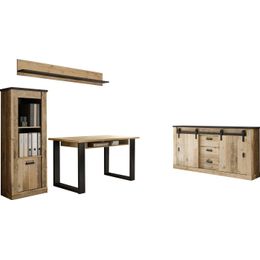 Home Affaire Schrank-Set SHERWOOD, (4-St), Büromöbel Set in Holz Dekor, mit Scheunentorbeschlag aus Metall, braun