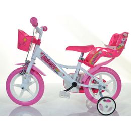 DINO Kinderfahrrad Unicorn Einhorn 12 Zoll, 1 Gang, mit Stützrädern, Korb und Puppensitz, weiß