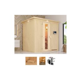 Karibu Sauna Bellin, BxTxH: 210 x 165 x 202 cm, 68 mm, (Set) 3,6-kW-Plug & Play Ofen mit ext. Steuerung, braun