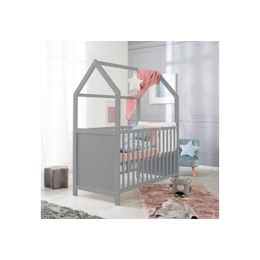 Roba® Babybett Hausbett, 60x120 cm, 3-tlg., inklusive Wickelplatte zum Aufsetzen & passender Wickelauflage, grau
