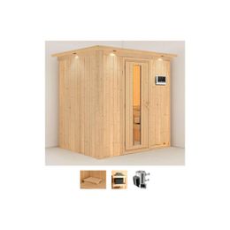 Karibu Sauna Finja, BxTxH: 210 x 165 x 202 cm, 68 mm, (Set) 3,6-kW-Plug & Play Ofen mit externer Steuerung, beige