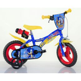 DINO Kinderfahrrad Sonic 12 Zoll, 1 Gang, mit Stützrädern, Trinkflasche und Frontschild, blau