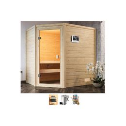 Welltime Sauna Juli, BxTxH: 195 x 145 x 187 cm, 38 mm, 3,6-kW-Bio-Plug & Play Ofen mit ext. Steuerung, beige