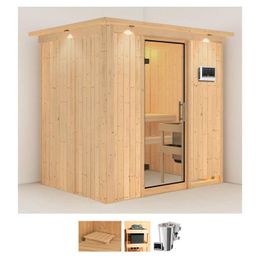 Karibu Sauna Finja, BxTxH: 210 x 165 x 202 cm, 68 mm, (Set) 3,6-kW-Bio-Plug & Play Ofen mit externer Steuerung, beige