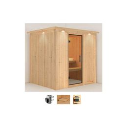 Karibu Sauna Dima, BxTxH: 210 x 184 x 202 cm, 68 mm, (Set) 3,6-kW-Plug & Play Ofen mit integrierter Steuerung, beige