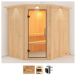 Karibu Sauna Laila, BxTxH: 210 x 184 x 202 cm, 68 mm, (Set) 3,6-kW-Plug & Play Ofen mit integrierter Steuerung, beige