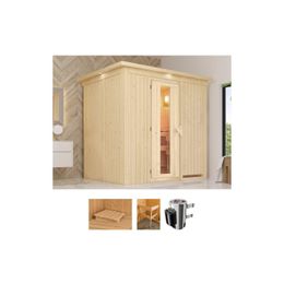 Karibu Sauna Bellin, BxTxH: 210 x 165 x 202 cm, 68 mm, (Set) 3,6-kW-Plug & Play Ofen mit int. Steuerung, braun