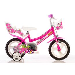 DINO Kinderfahrrad Mädchenfahrrad 12 Zoll, 1 Gang, mit Stützrädern, Korb und Puppensitz, rosa