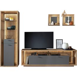 MCA furniture Wohnwand Lizzano, (Set, 4-St), im modernen Landhausstil mit 3-D Rückwand, wahlweise mit Beleuchtung, braun|grau
