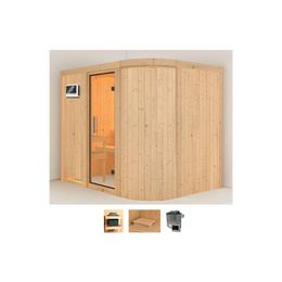 Karibu Sauna Thyra 4, BxTxH: 231 x 170 x 198 cm, 68 mm, (Set) 9-kW-Ofen mit externer Steuerung, beige