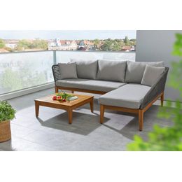 Timbers Gartenlounge-Set Sunnyvale, (Set, 3-tlg., 2x Sofa, 1x Tisch/Hocker 70x70x28 cm), inkl. Auflagen, Gestell aus hochwertigem Massivholz, beige