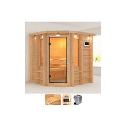 Karibu Sauna Corvina, BxTxH: 224 x 210 x 206 cm, 40 mm, (Set) 9-kW-Bio-Ofen mit externer Steuerung, beige