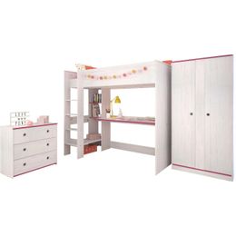 Parisot Jugendzimmer-Set Smoozy, (Set, 3-St., Hochbett mit Schreibtisch, Kleiderschrank und Schubkastenkommode), weiß