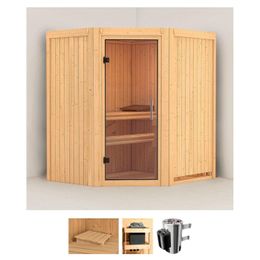 Karibu Sauna Tomke, BxTxH: 170 x 151 x 198 cm, 68 mm, (Set) 3,6-kW-Plug & Play Ofen mit integrierter Steuerung, beige