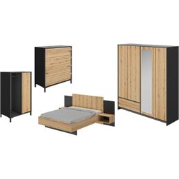 Gami Schlafzimmer-Set Mimizan, (4-St., Bett, 2x Nachttische, Kleiderschrank, Kommode, Garderobenschrank), schwarz