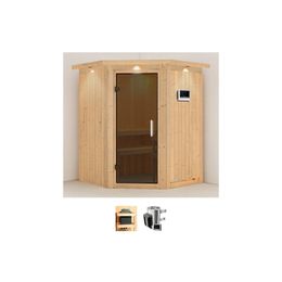 Karibu Sauna Nanna, BxTxH: 165 x 165 x 202 cm, 68 mm, (Set) 3,6-kW-Plug & Play Ofen mit externer Steuerung, beige
