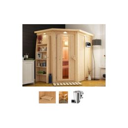 Karibu Sauna Cellin, BxTxH: 210 x 165 x 202 cm, 68 mm, (Set) 3,6-kW-Plug & Play BIO-Ofen mit ext. Steuerung, braun