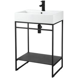 Welltime Waschtisch Loft, Badmöbel, schwarz, mit Keramikwaschbecken, Breite 60cm, schwarz|weiß