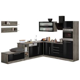 Kochstation Winkelküche KS-Samos, mit E-Geräten, Stellbreite 300 x 250 cm, schwarz