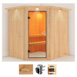 Karibu Sauna Laila, BxTxH: 210 x 184 x 202 cm, 68 mm, (Set) 3,6-kW-Plug & Play Ofen mit integrierter Steuerung, beige