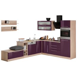 Kochstation Winkelküche KS-Samos, mit E-Geräten, Stellbreite 300 x 250 cm, lila