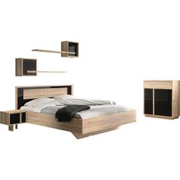 Gami Schlafzimmer-Set Curtys, (6-St., 1x Bett, 2x hängende Nachttische, 1x Kommode und 2x Wandregal), schwarz