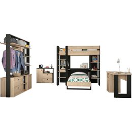 Gami Jugendzimmer-Set Duplex, (6-St., Bett, 2x offenes Schranksystem, Schreibtisch, Kommode, Hochbett), beige|schwarz