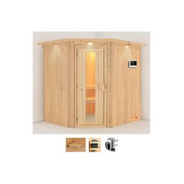 Karibu Sauna Laila, BxTxH: 210 x 184 x 202 cm, 68 mm, (Set) 3,6-kW-Plug & Play Ofen mit externer Steuerung, beige